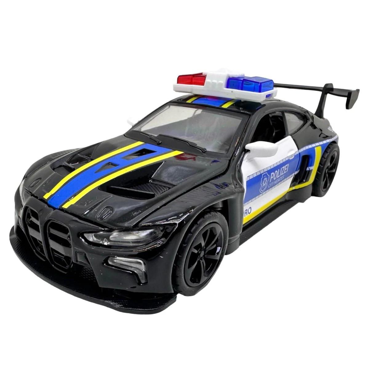 Macheta BMW M4 Negru Politie Sport 1:28 Metal Lumini Si Sunete Deschide ...